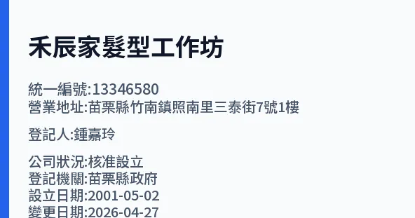 禾辰家髮型工作坊的照片-統編 13346580(苗栗縣) 公司登記資料與營業項目詳細圖表