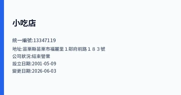 小吃店的照片-統編 13347119(苗栗縣) 公司登記資料與營業項目詳細圖表