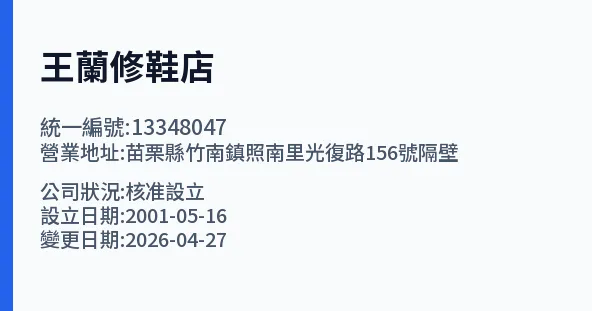王蘭修鞋店的照片-統編 13348047(苗栗縣) 公司登記資料與營業項目詳細圖表