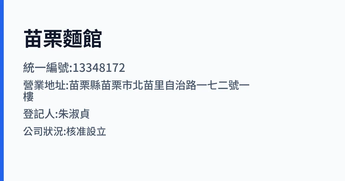 苗栗麵館 - 統編 13348172(苗栗縣) 公司登記資料與營業項目詳細圖表