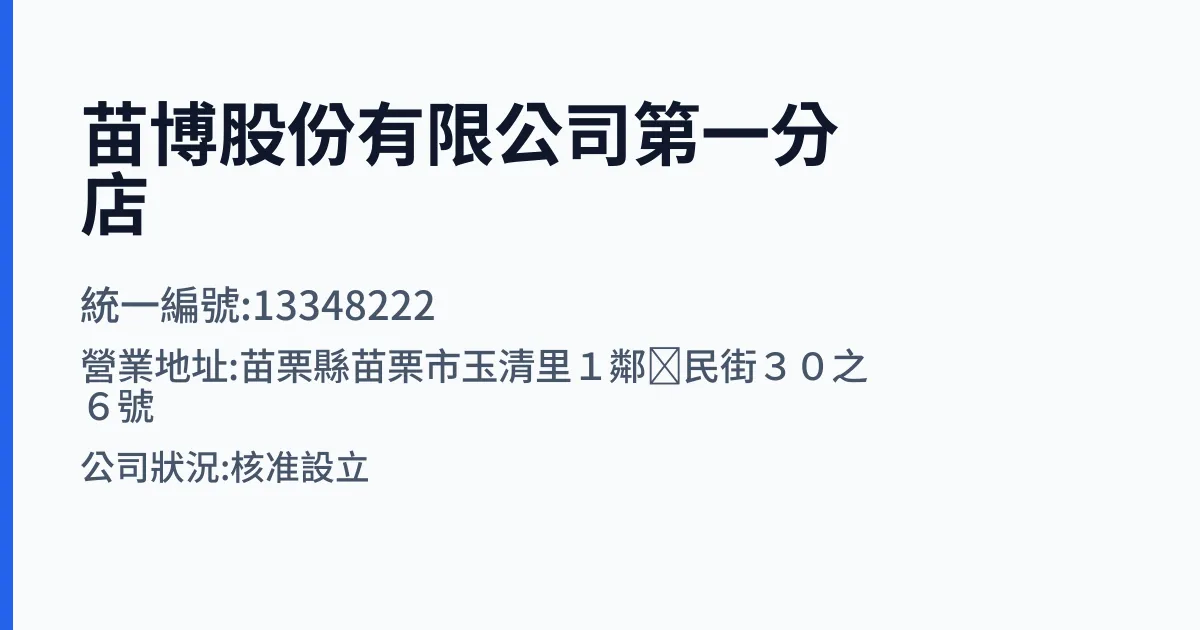 苗博股份有限公司第一分店 - 統編 13348222(苗栗縣) 公司登記資料與營業項目詳細圖表