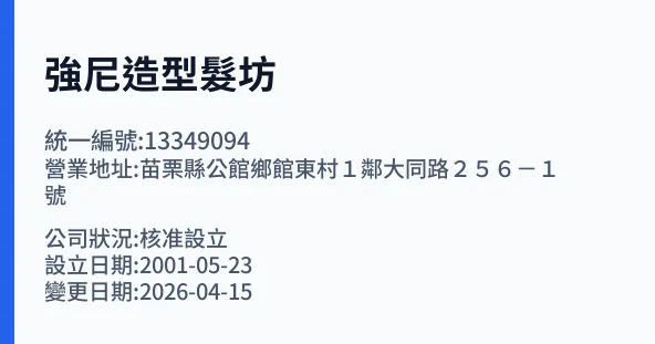 強尼造型髮坊的照片-統編 13349094(苗栗縣) 公司登記資料與營業項目詳細圖表