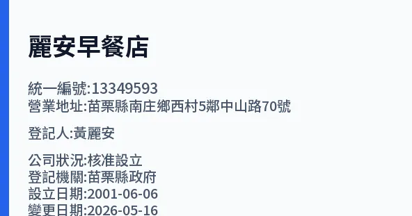 麗安早餐店的照片-統編 13349593(苗栗縣) 公司登記資料與營業項目詳細圖表