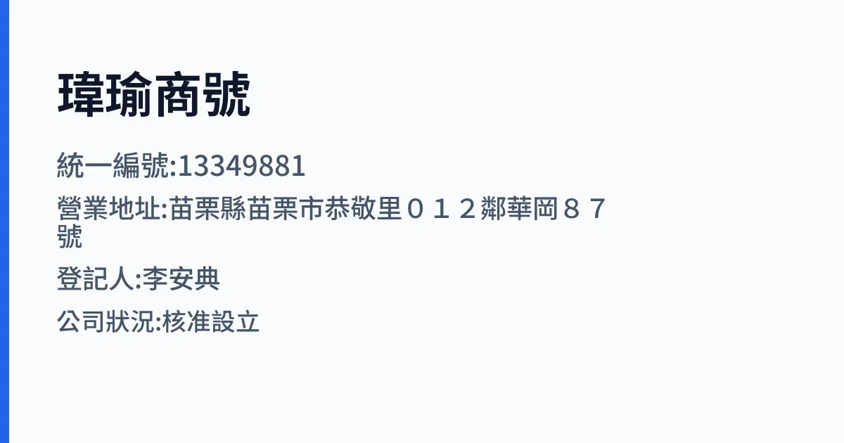 瑋瑜商號 - 統編 13349881(苗栗縣) 公司登記資料與營業項目詳細圖表