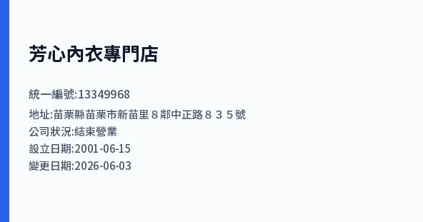 芳心內衣專門店的照片-統編 13349968(苗栗縣) 公司登記資料與營業項目詳細圖表