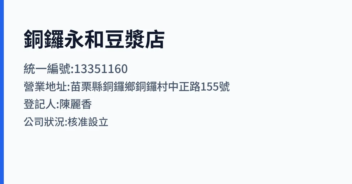 銅鑼永和豆漿店 - 統編 13351160(苗栗縣) 公司登記資料與營業項目詳細圖表