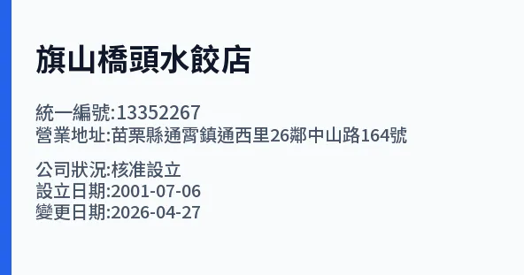 旗山橋頭水餃店的照片-統編 13352267(苗栗縣) 公司登記資料與營業項目詳細圖表