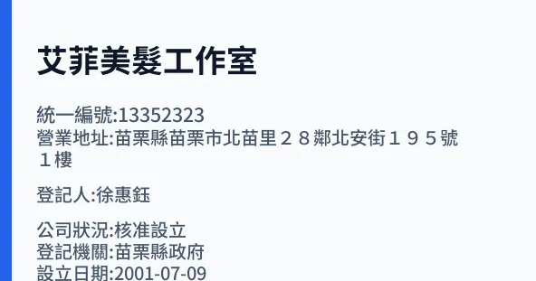艾菲美髮工作室的照片-統編 13352323(苗栗縣) 公司登記資料與營業項目詳細圖表