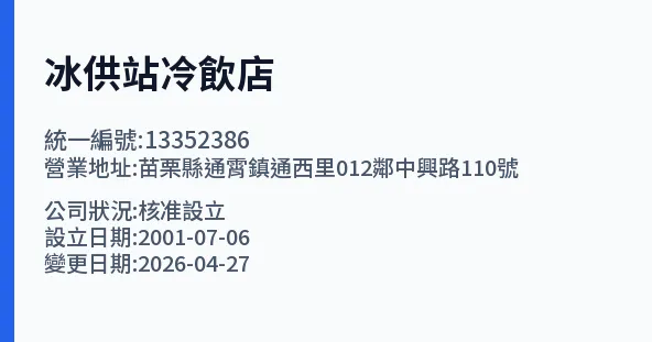 冰供站冷飲店的照片-統編 13352386(苗栗縣) 公司登記資料與營業項目詳細圖表