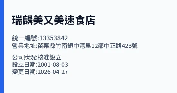 瑞麟美又美速食店的照片-統編 13353842(苗栗縣) 公司登記資料與營業項目詳細圖表