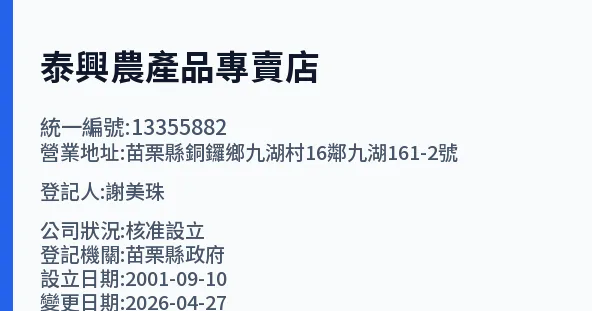 泰興農產品專賣店的照片-統編 13355882(苗栗縣) 公司登記資料與營業項目詳細圖表