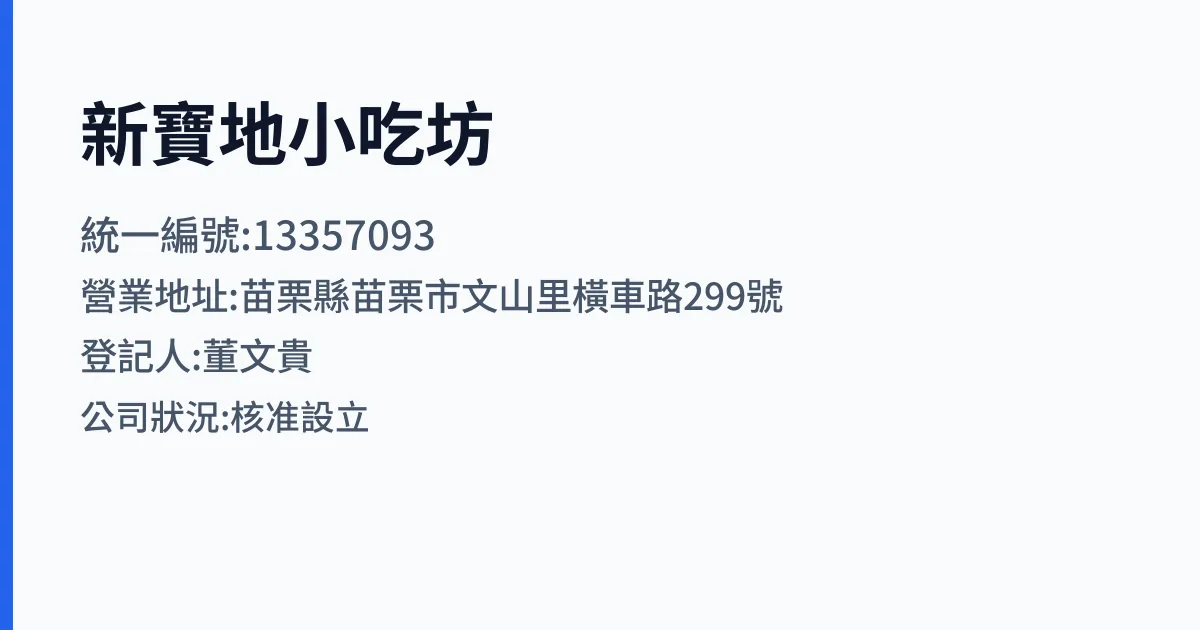 新寶地小吃坊 - 統編 13357093(苗栗縣) 公司登記資料與營業項目詳細圖表
