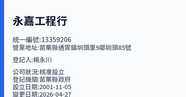 永嘉工程行的照片-統編 13359206(苗栗縣) 公司登記資料與營業項目詳細圖表