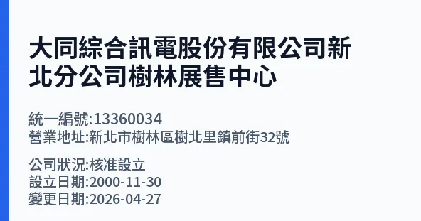 大同綜合訊電股份有限公司新北分公司樹林展售中心的照片-統編 13360034(新北市) 公司登記資料與營業項目詳細圖表