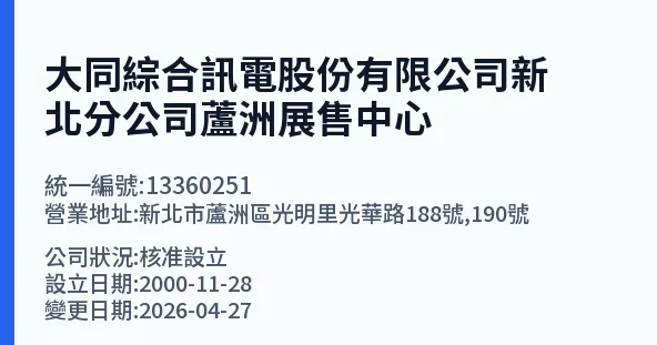 大同綜合訊電股份有限公司新北分公司蘆洲展售中心的照片-統編 13360251(新北市) 公司登記資料與營業項目詳細圖表