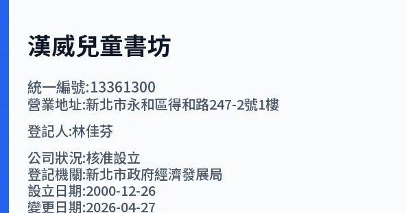 漢威兒童書坊的照片-統編 13361300(新北市) 公司登記資料與營業項目詳細圖表