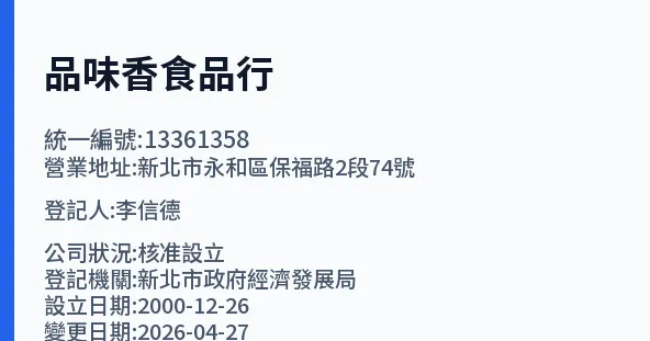 品味香食品行的照片-統編 13361358(新北市) 公司登記資料與營業項目詳細圖表