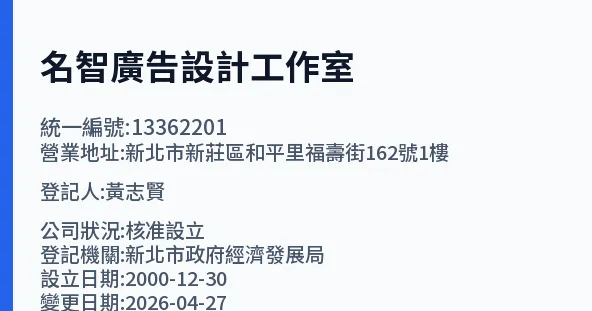 名智廣告設計工作室的照片-統編 13362201(新北市) 公司登記資料與營業項目詳細圖表