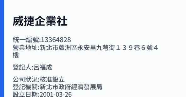 威捷企業社的照片-統編 13364828(新北市) 公司登記資料與營業項目詳細圖表