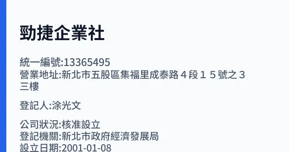 勁捷企業社的照片-統編 13365495(新北市) 公司登記資料與營業項目詳細圖表