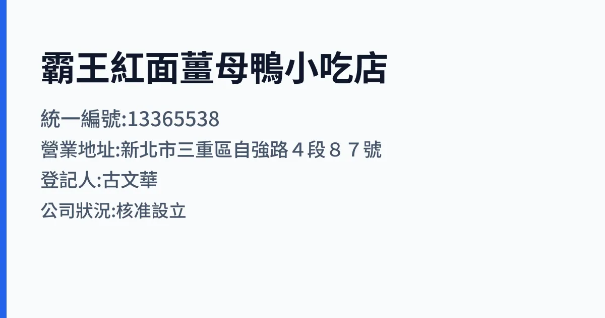 霸王紅面薑母鴨小吃店 - 統編 13365538(新北市) 公司登記資料與營業項目詳細圖表
