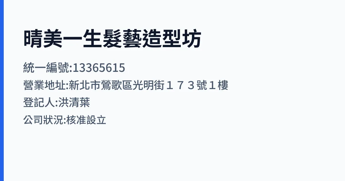 晴美一生髮藝造型坊 - 統編 13365615(新北市) 公司登記資料與營業項目詳細圖表