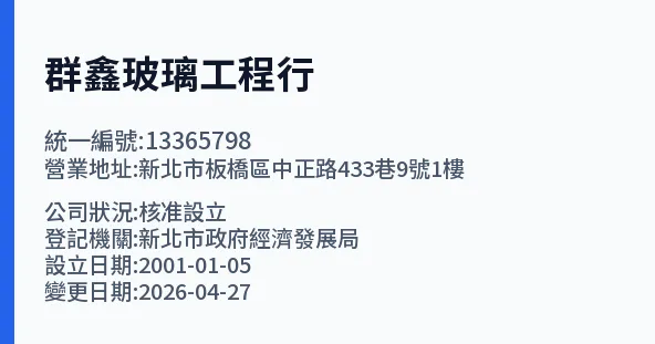 群鑫玻璃工程行的照片-統編 13365798(新北市) 公司登記資料與營業項目詳細圖表
