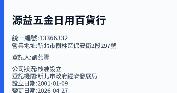 源益五金日用百貨行的照片-統編 13366332(新北市) 公司登記資料與營業項目詳細圖表