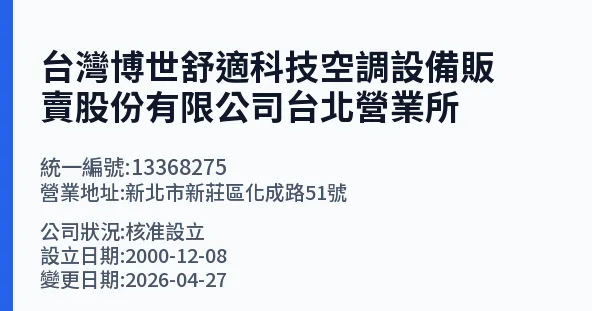 台灣博世舒適科技空調設備販賣股份有限公司台北營業所的照片-統編 13368275(新北市) 公司登記資料與營業項目詳細圖表