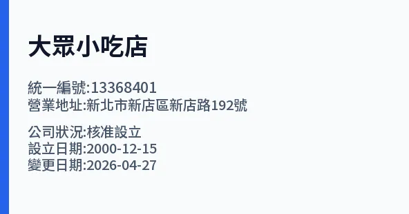 大眾小吃店的照片-統編 13368401(新北市) 公司登記資料與營業項目詳細圖表
