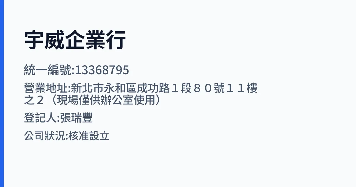 宇威企業行 - 統編 13368795(新北市) 公司登記資料與營業項目詳細圖表