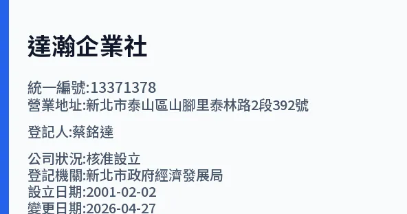 達瀚企業社的照片-統編 13371378(新北市) 公司登記資料與營業項目詳細圖表