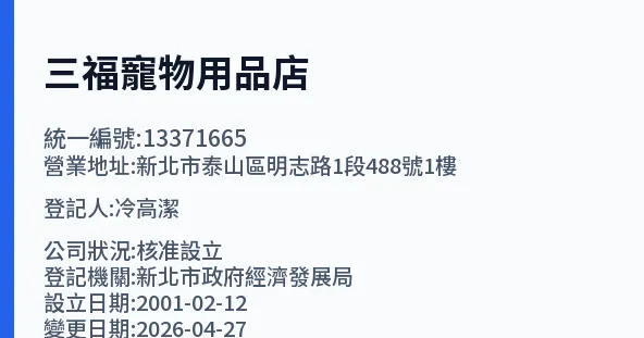 三福寵物用品店的照片-統編 13371665(新北市) 公司登記資料與營業項目詳細圖表