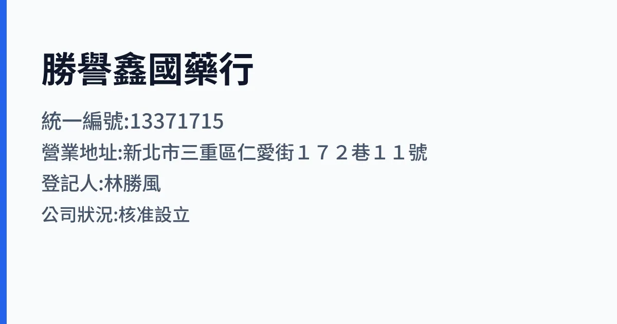 勝譽鑫國藥行 - 統編 13371715(新北市) 公司登記資料與營業項目詳細圖表