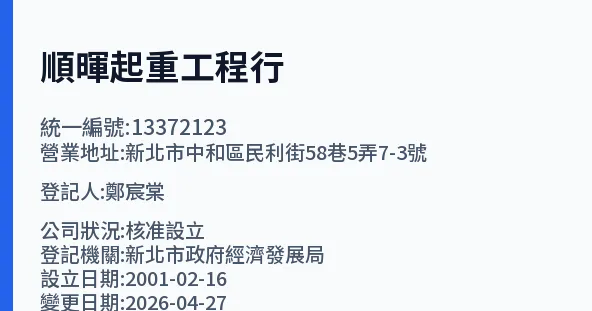 順暉起重工程行的照片-統編 13372123(新北市) 公司登記資料與營業項目詳細圖表