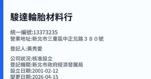 駿達輪胎材料行的照片-統編 13373235(新北市) 公司登記資料與營業項目詳細圖表