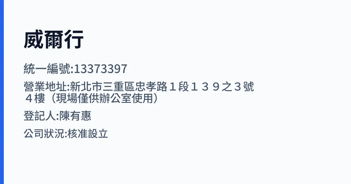 威爾行 - 統編 13373397(新北市) 公司登記資料與營業項目詳細圖表