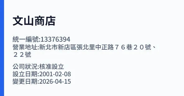 文山商店的照片-統編 13376394(新北市) 公司登記資料與營業項目詳細圖表