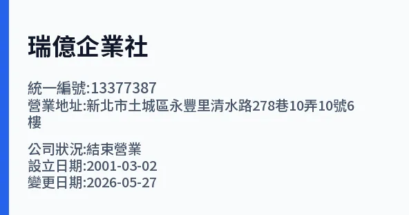 瑞億企業社的照片-統編 13377387(新北市) 公司登記資料與營業項目詳細圖表