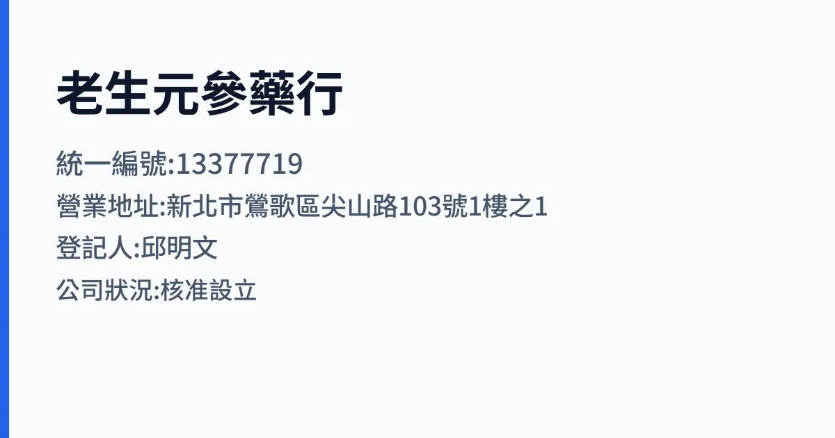 老生元參藥行 - 統編 13377719(新北市) 公司登記資料與營業項目詳細圖表