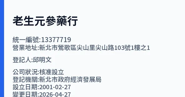 老生元參藥行的照片-統編 13377719(新北市) 公司登記資料與營業項目詳細圖表