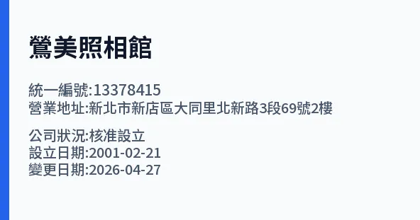 鶯美照相館的照片-統編 13378415(新北市) 公司登記資料與營業項目詳細圖表