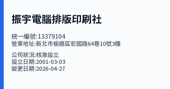振宇電腦排版印刷社的照片-統編 13379104(新北市) 公司登記資料與營業項目詳細圖表