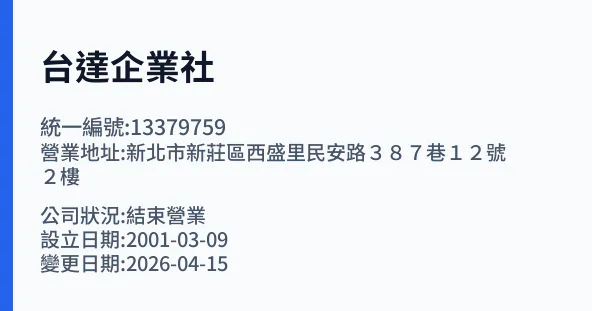 台達企業社的照片-統編 13379759(新北市) 公司登記資料與營業項目詳細圖表