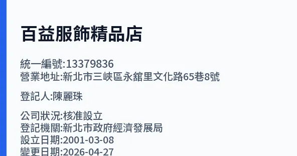 百益服飾精品店的照片-統編 13379836(新北市) 公司登記資料與營業項目詳細圖表