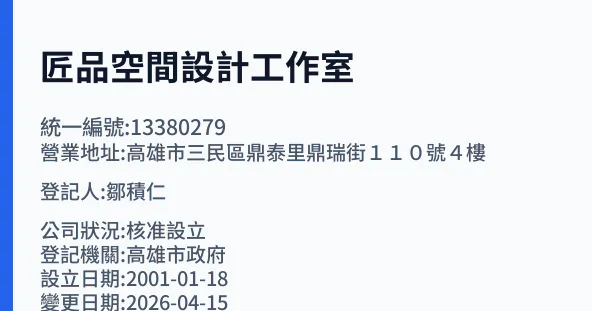 匠品空間設計工作室的照片-統編 13380279(高雄市) 公司登記資料與營業項目詳細圖表