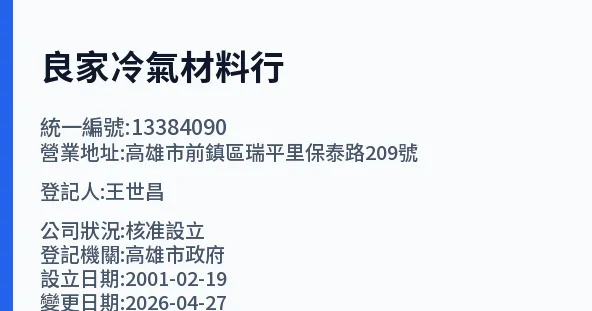 良家冷氣材料行的照片-統編 13384090(高雄市) 公司登記資料與營業項目詳細圖表