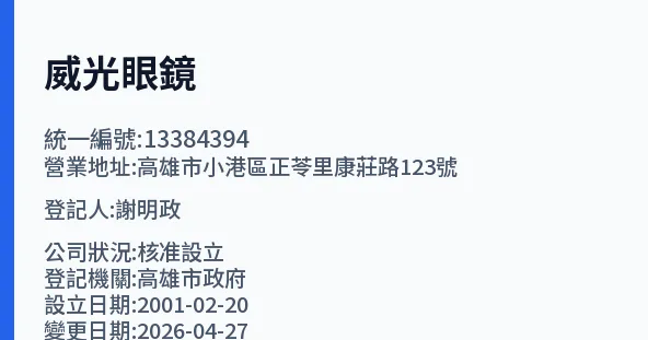 威光眼鏡的照片-統編 13384394(高雄市) 公司登記資料與營業項目詳細圖表
