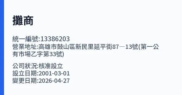 攤商的照片-統編 13386203(高雄市) 公司登記資料與營業項目詳細圖表