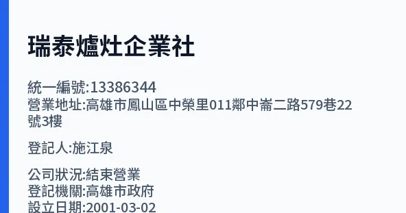 瑞泰爐灶企業社的照片-統編 13386344(高雄市) 公司登記資料與營業項目詳細圖表